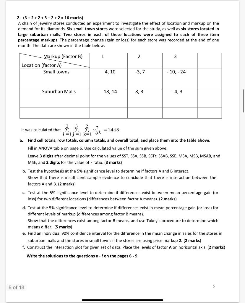 Solved 2. (3+2+2+5+2+2=16 marks ) A chain of jewelry stores | Chegg.com
