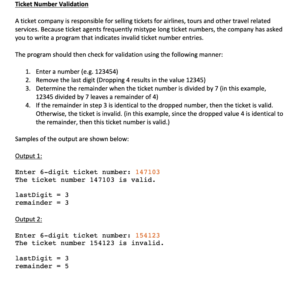 Solved Ticket Number Validation A ticket company is | Chegg.com