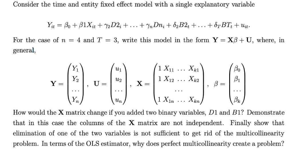 Consider the time and entity fixed effect model with | Chegg.com