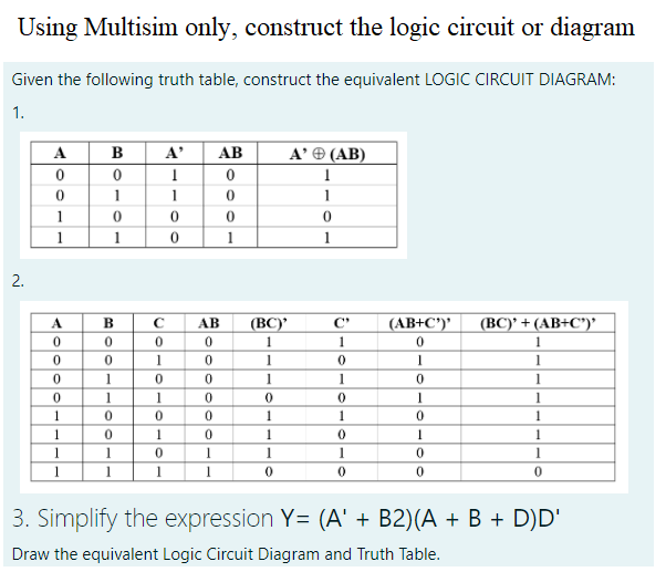 Solved Using Multisim only, construct the logic circuit or | Chegg.com