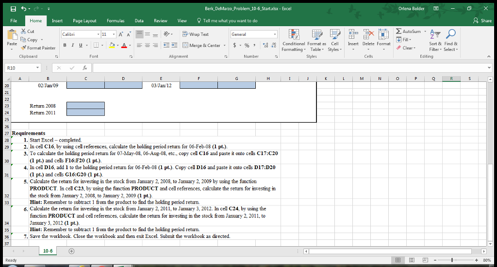 Solved Berk DeMarzo_Problem_10-6 Start.xlsx- Excel Orlena | Chegg.com
