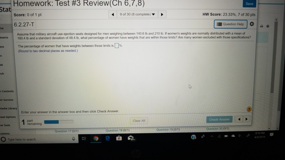 Solved Homework: Test #3 Review(Ch 6,7,8) Save Stat Score: 0 | Chegg.com
