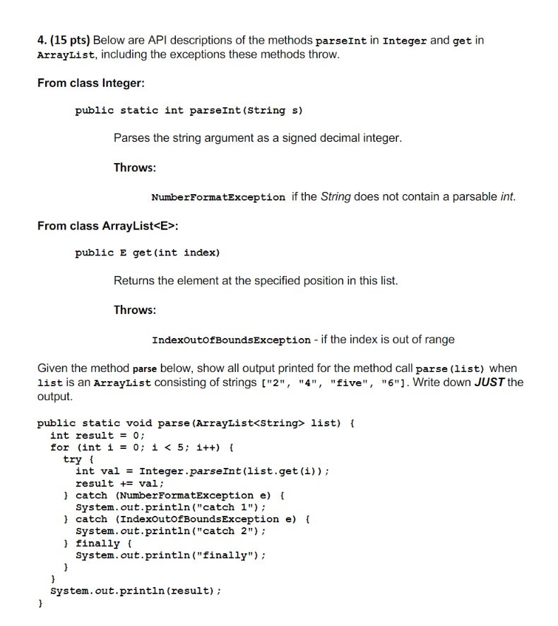 Solved 4. (15 pts) Below are API descriptions of the methods | Chegg.com