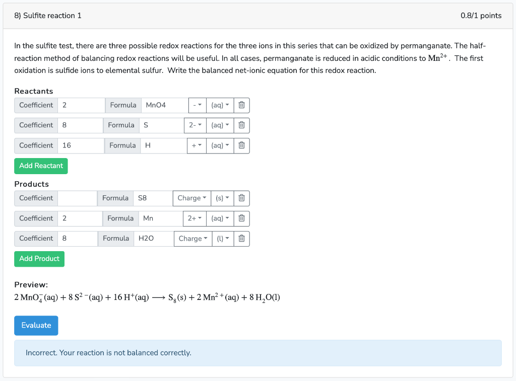Solved 8) Sulfite reaction 1 0.8/1 points In the sulfite | Chegg.com