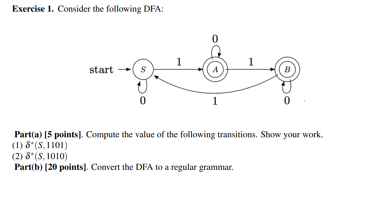 Solved Exercise 1. Consider the following DFA: Part(a) [5 | Chegg.com