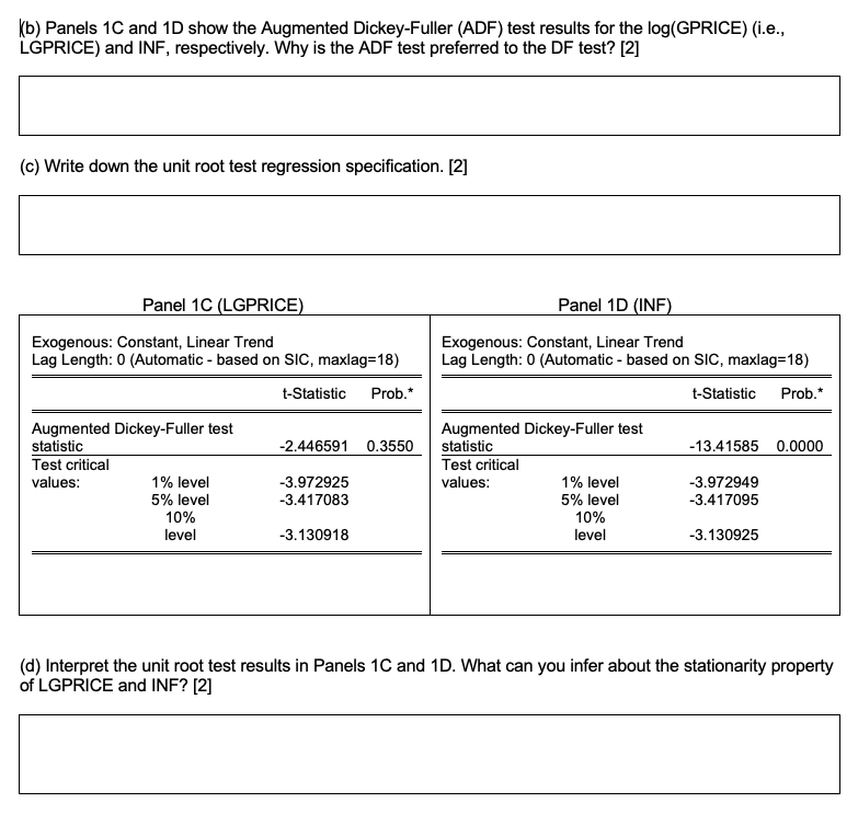 Solved Kb) Panels 10 and 1D show the Augmented Dickey-Fuller | Chegg.com