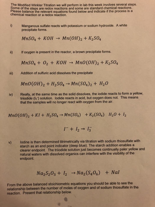 Solved The Modified Winkler Titration we will perform in lab | Chegg.com