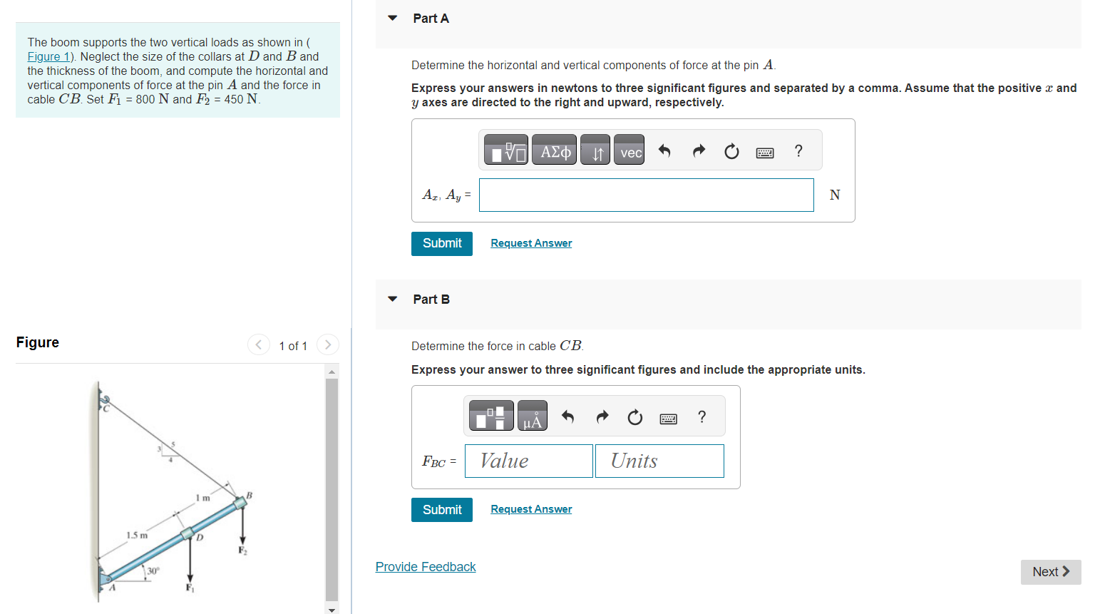 Solved The boom supports the two vertical loads as shown in | Chegg.com