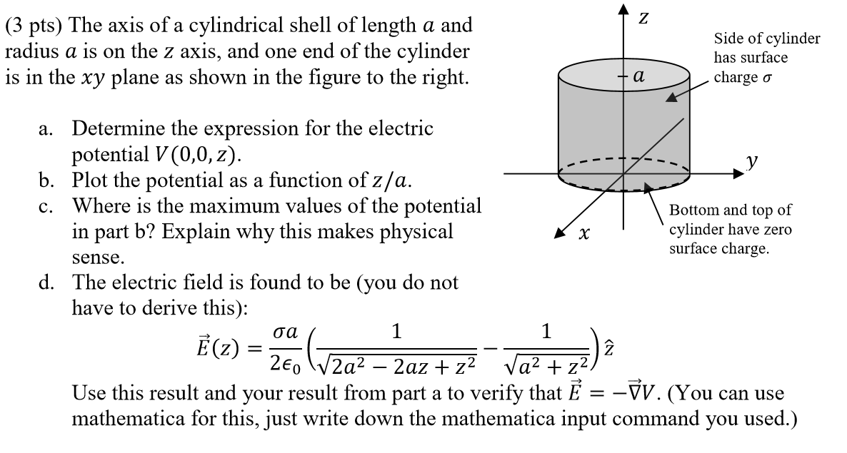 Solved (3 pts) The axis of a cylindrical shell of length a | Chegg.com