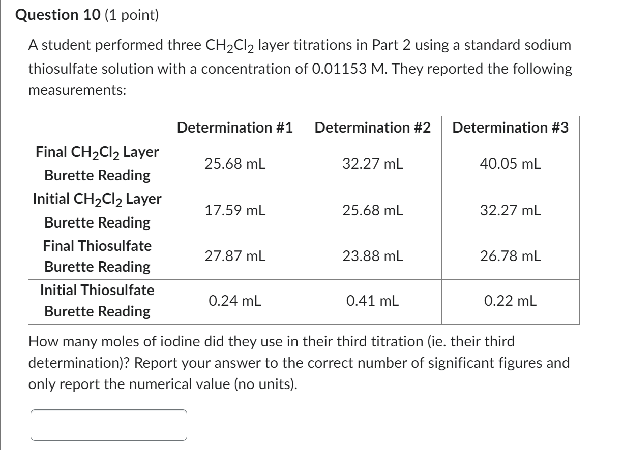 Solved A student performed three CH2Cl2 layer titrations in | Chegg.com