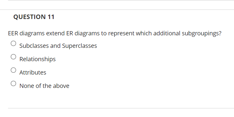Solved QUESTION 11 EER diagrams extend ER diagrams to | Chegg.com