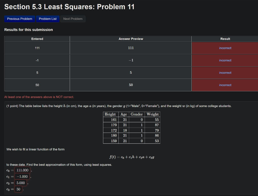 Solved Section 5.3 Least Squares: Problem 11 Previous | Chegg.com
