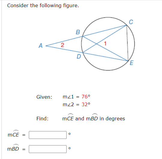 Solved Consider the following figure. Given: m∠1=76∘ m∠2=32∘ | Chegg.com