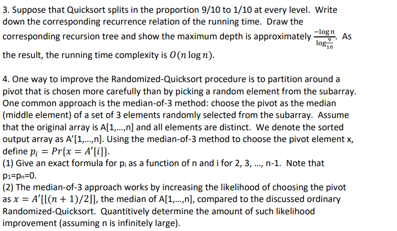 3. Suppose that Quicksort splits in the proportion | Chegg.com