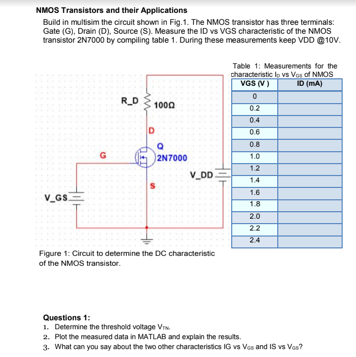 Solved NMOS Transistors and their Applications Build in | Chegg.com
