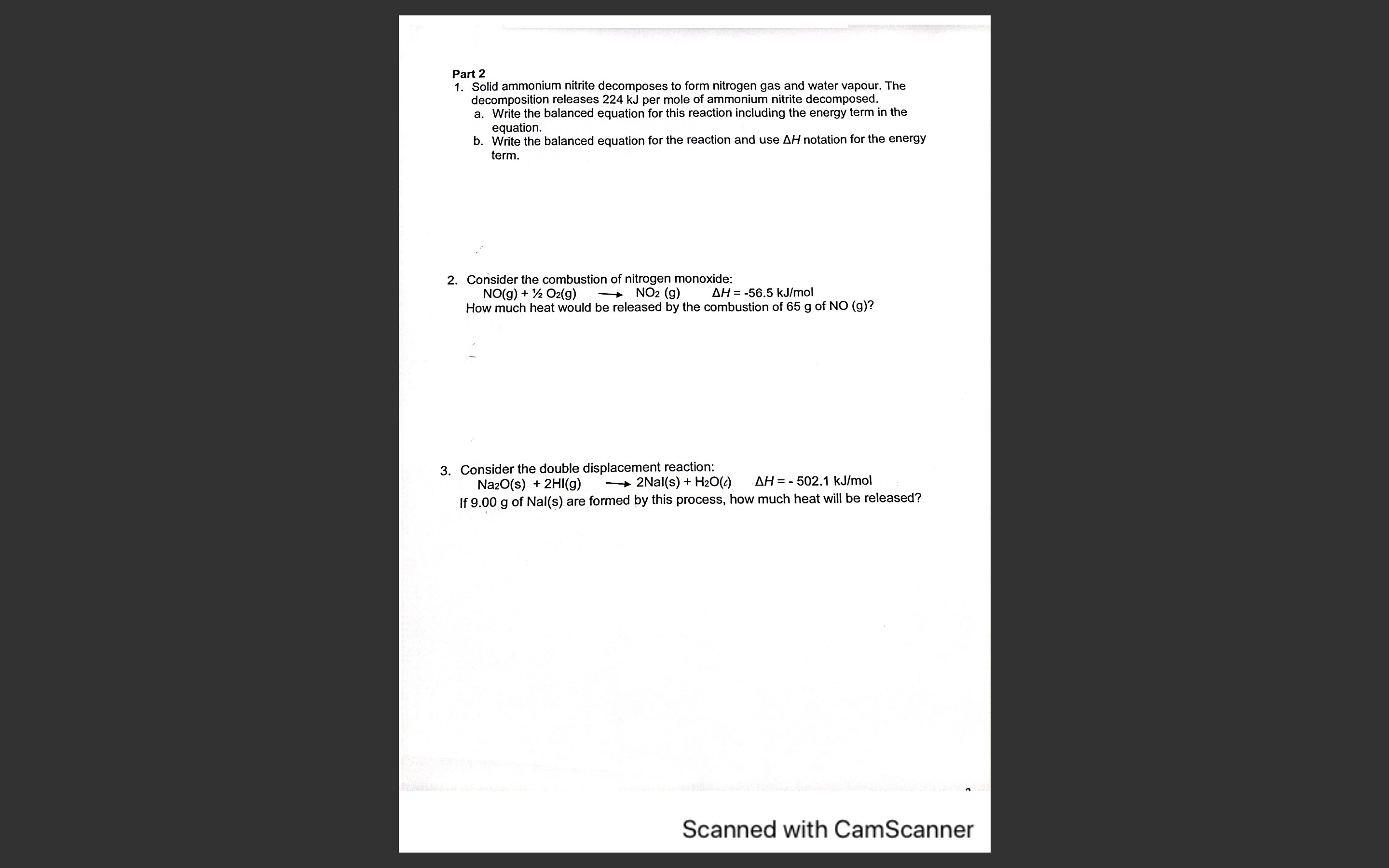 Solved Part 2Solid ammonium nitrite decomposes to form | Chegg.com