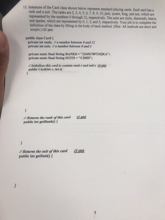 Solved 12. Instances of the Card class shown below represent | Chegg.com