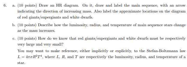 Solved 6. a. (10 points) Draw an HR diagram. On it, draw and | Chegg.com