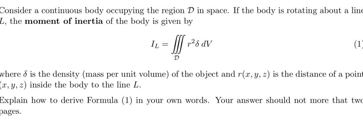 Solved Consider a continuous body occupying the region D in | Chegg.com