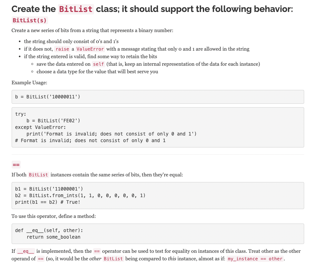 Solved Create the Bitlist class; it should support the | Chegg.com