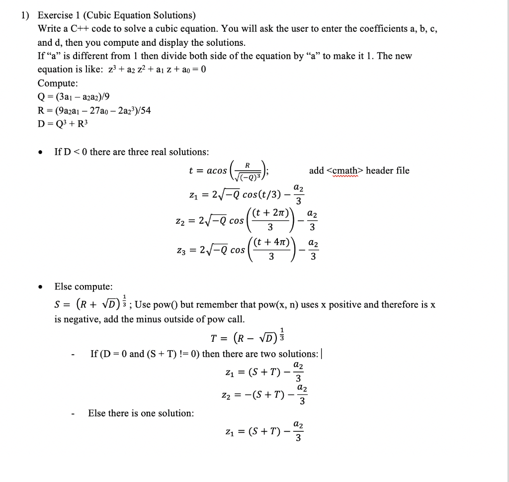 1) Exercise 1 (Cubic Equation Solutions) Write a C++ | Chegg.com