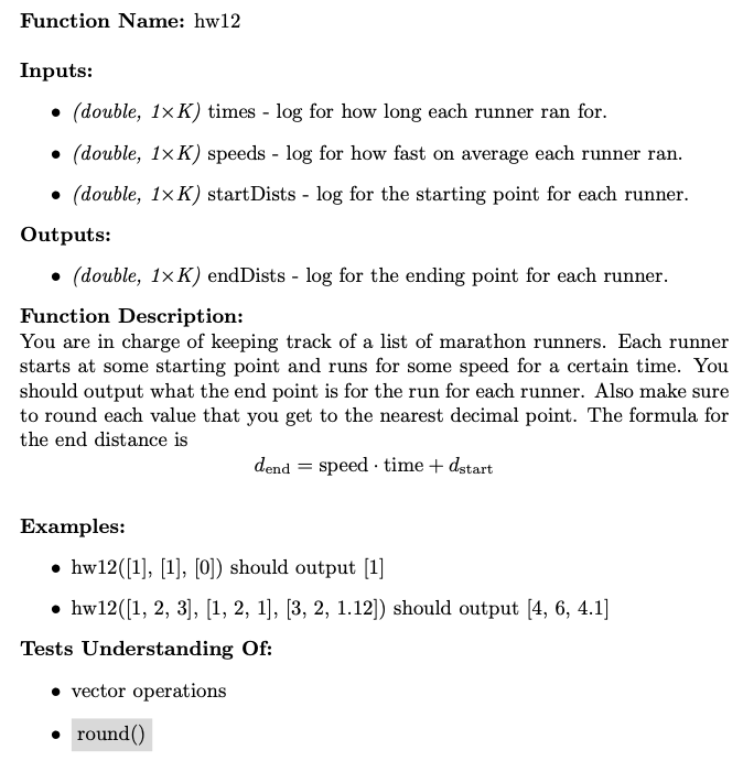 Solved Function Name Hw12 Inputs • Double 1xk Times 