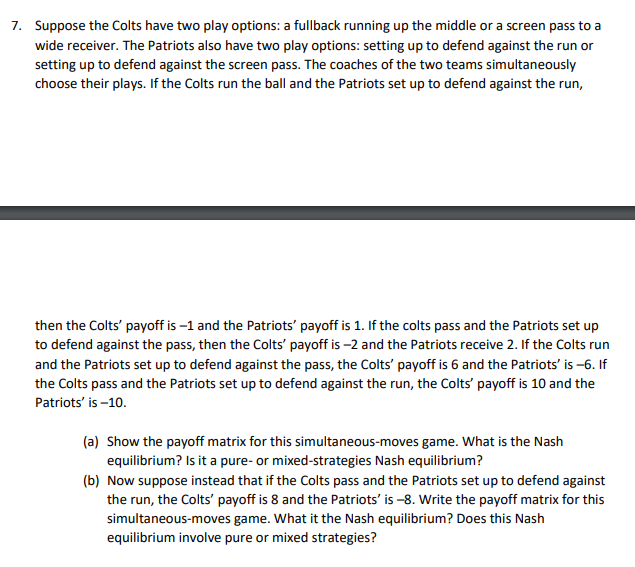 Solved 7. Suppose the Colts have two play options: a | Chegg.com