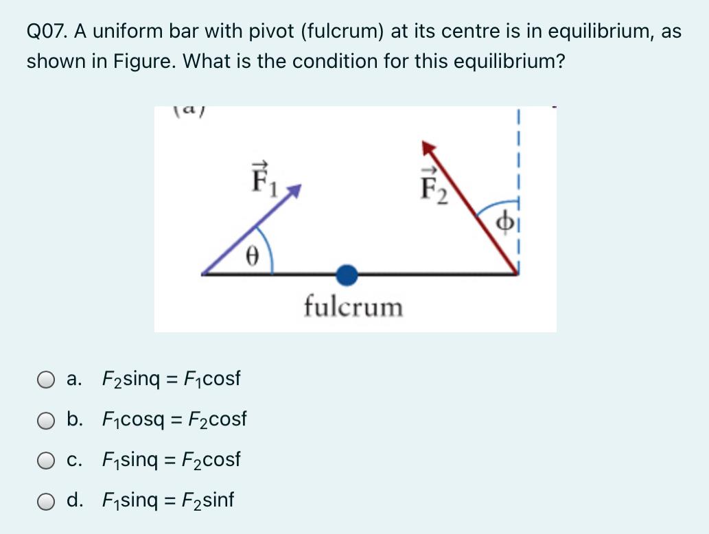 Solved Q07. A uniform bar with pivot (fulcrum) at its centre | Chegg.com