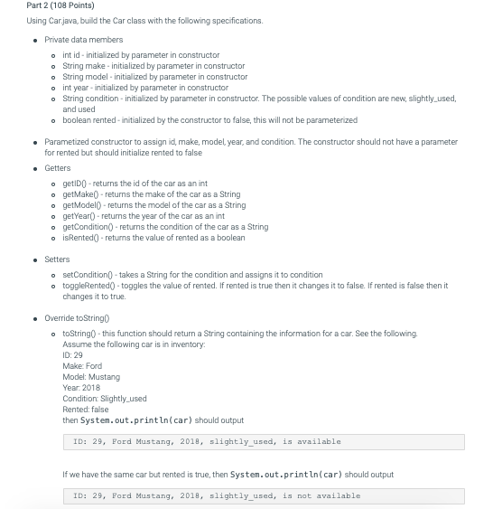 Solved Part 2 (108 Points) Using Car.java, build the Car | Chegg.com