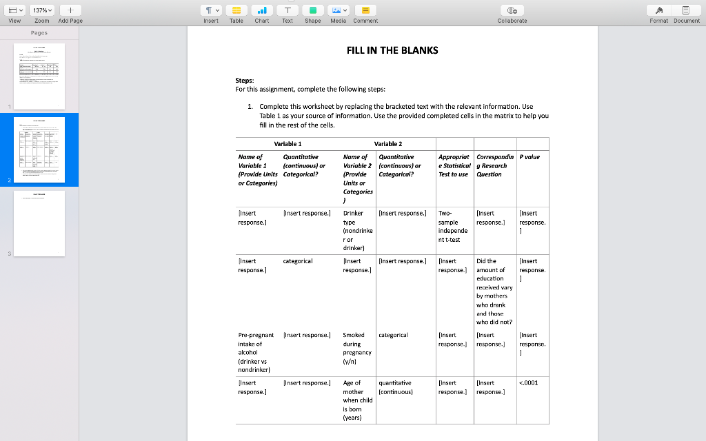 Solved Using the table provided on page one, fill in the | Chegg.com