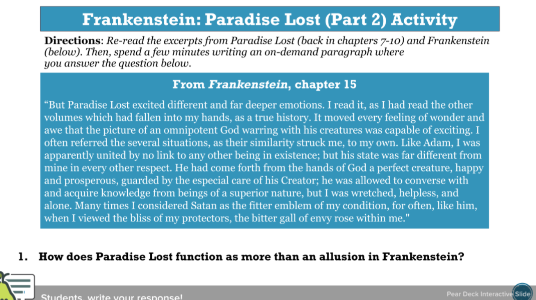Solved Frankenstein: Paradise Lost (Part 2) Activity | Chegg.com