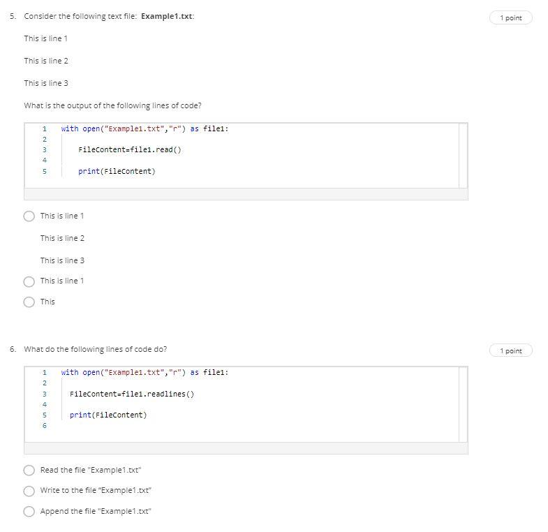 Solved 5. Consider the following text file: Example1.txt: 1 | Chegg.com