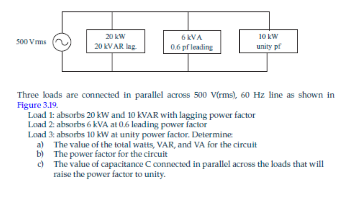 Solved 500 Vrms 20 kW 20 KVAR lag. 6 kVA 0.6 pf leading 10 | Chegg.com