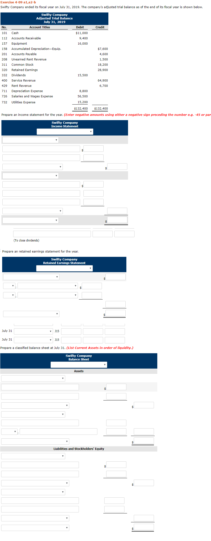 Solved Exercise 4-09 a1,a2-b Swifty Company ended its fiscal | Chegg.com