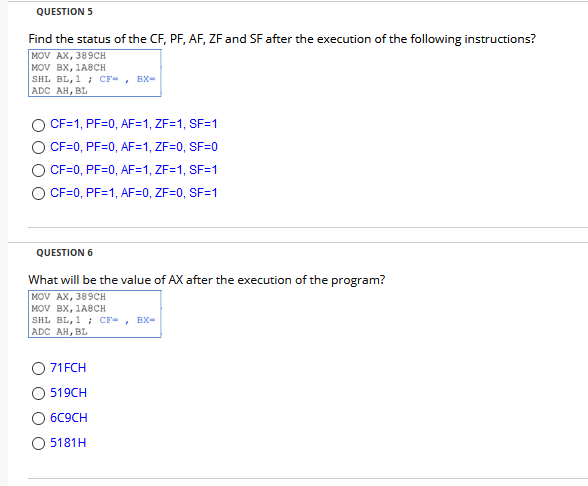 Solved QUESTION 1 Find the status of the CF, PF, AF, ZF and | Chegg.com