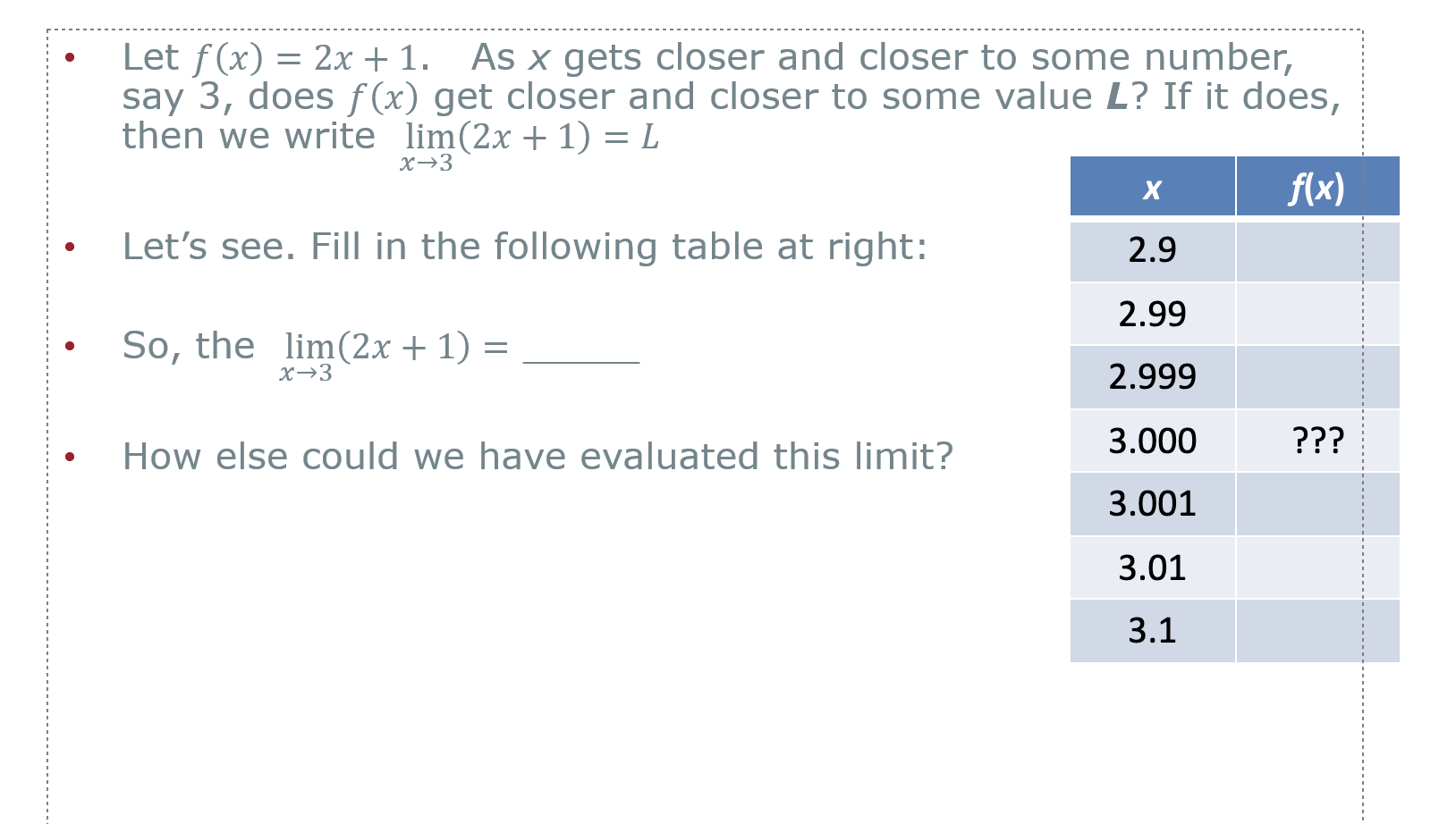 Solved - Let f(x)=2x+1. As x gets closer and closer to some | Chegg.com