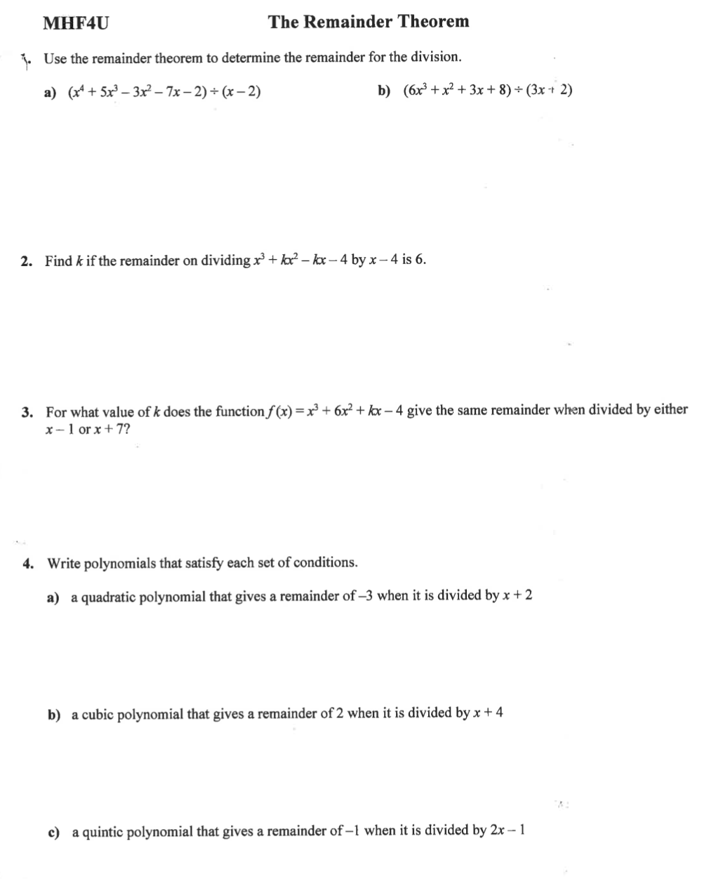 Solved i. Use the remainder theorem to determine the | Chegg.com