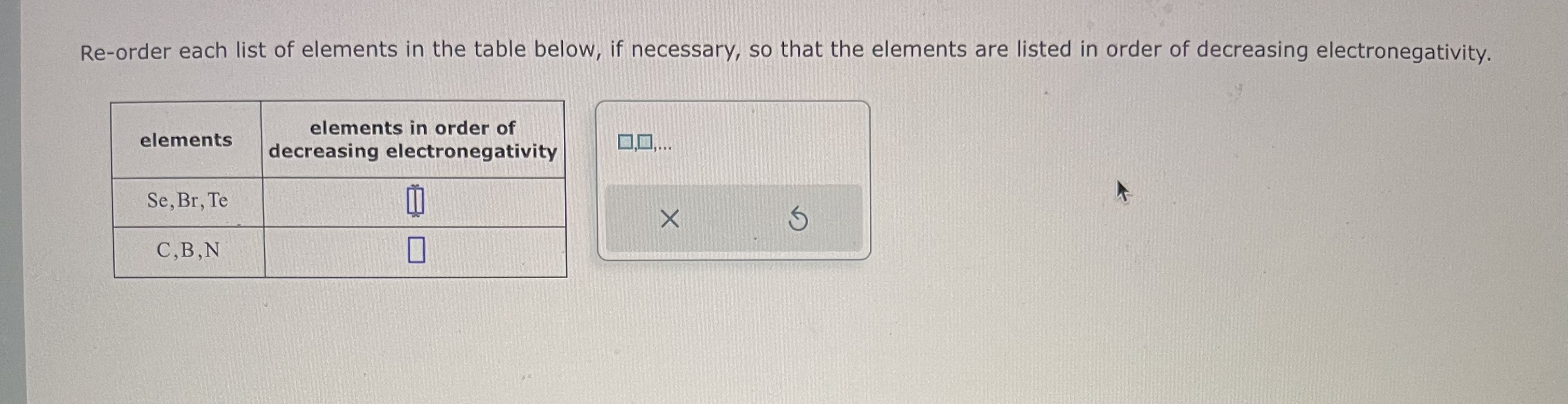 Solved Re-order each list of elements in the table below, if | Chegg.com