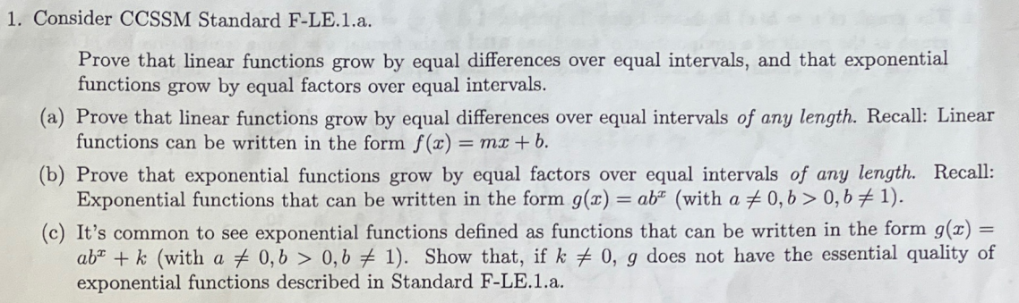 Solved Consider CCSSM Standard F-LE.1.a. Prove that linear | Chegg.com