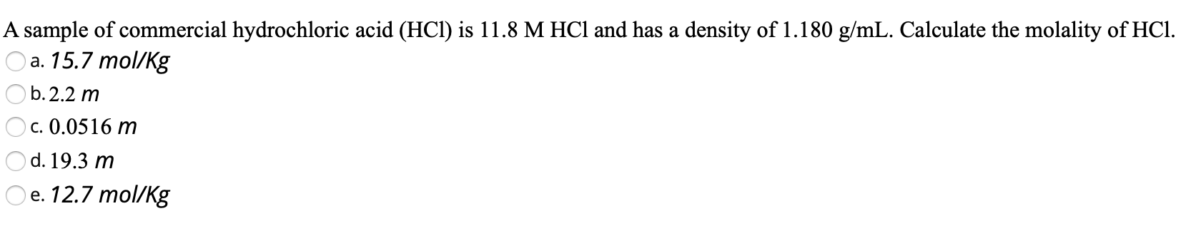Solved A sample of commercial hydrochloric acid (HCl) is | Chegg.com