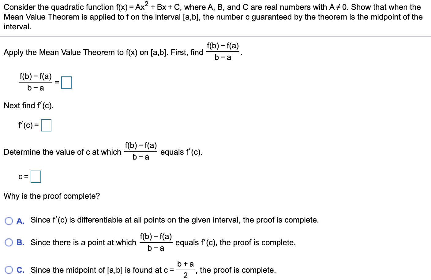 Solved Consider the quadratic function f(x) = Ax? + Bx + C, | Chegg.com