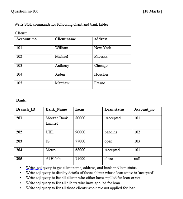 Solved Question no 03: [10 Marks) Write SQL commands for | Chegg.com
