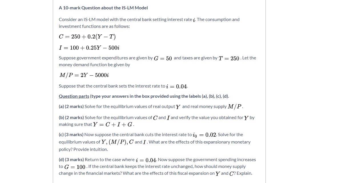 Solved A 10-mark Question about the IS-LM Model Consider an | Chegg.com