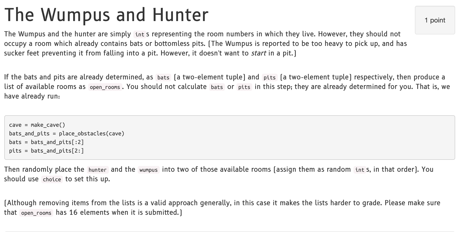 Solved The Wumpus and Hunter 1 point The Wumpus and the | Chegg.com