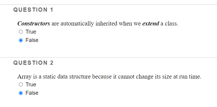 Solved QUESTION 1 Constructors are automatically inherited | Chegg.com Solved QUESTION 1 Constructors are automatically inherited | Chegg.com