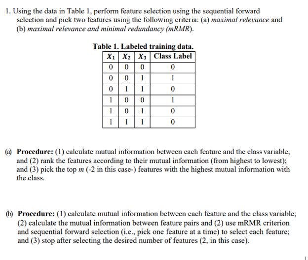 1. Using the data in Table 1, perform feature | Chegg.com