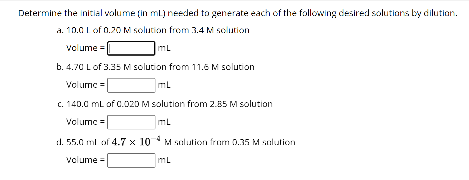 Solved Determine the initial volume (in mL ) needed to | Chegg.com