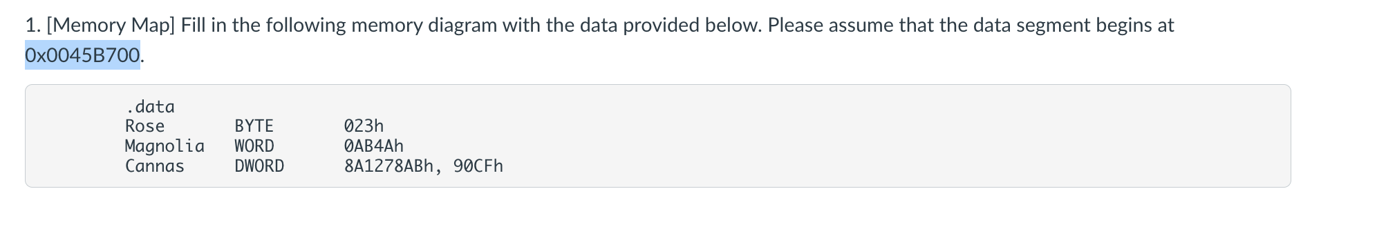 Solved 1. [Memory Map] Fill in the following memory diagram | Chegg.com