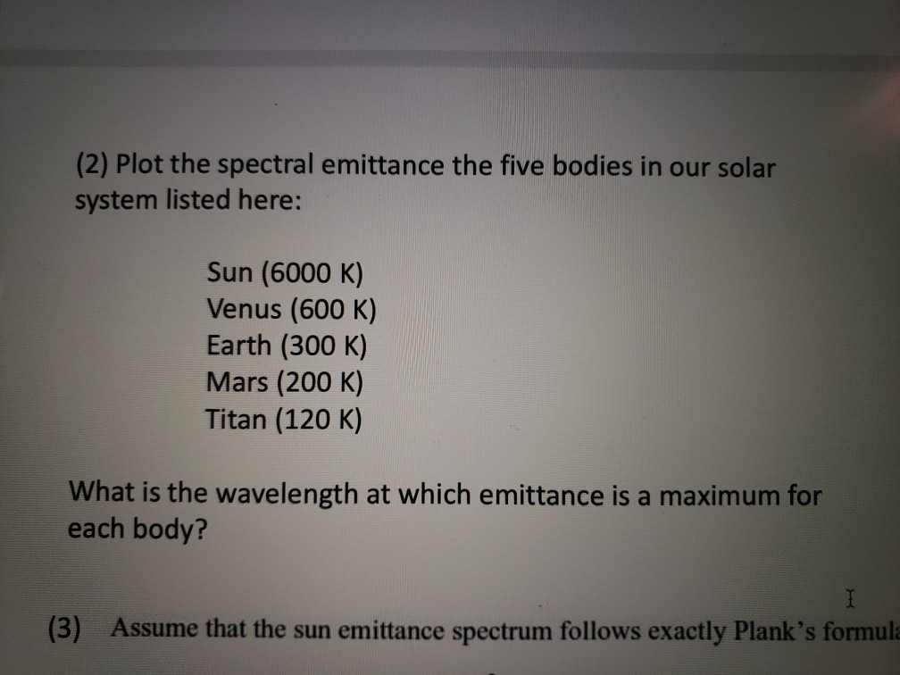 Solved (2) Plot the spectral emittance the five bodies in | Chegg.com