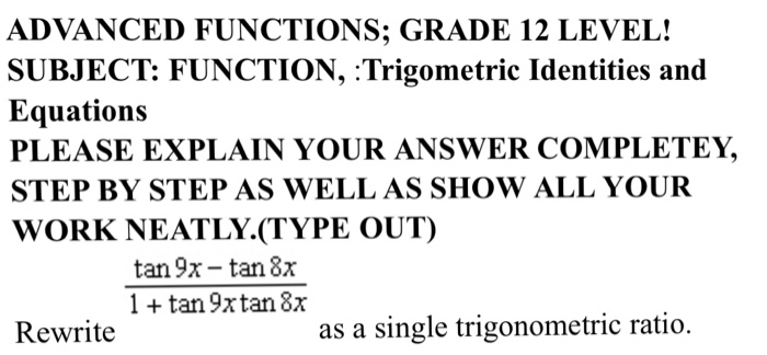 Solved ADVANCED FUNCTIONS; GRADE 12 LEVEL! SUBJECT: | Chegg.com